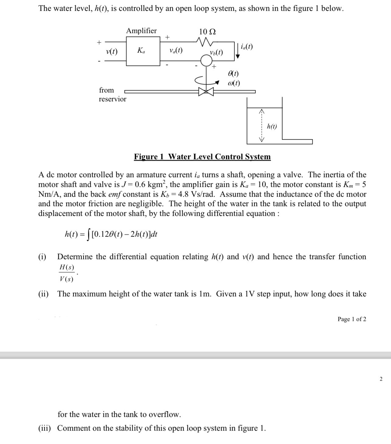 Solved The water level, h(t), ﻿is controlled by an open loop | Chegg.com