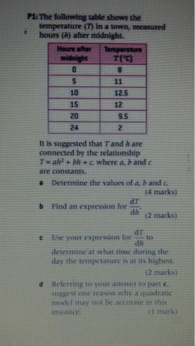 Solved P1: The following table shows the temperature (D) in | Chegg.com