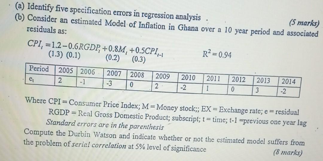 Solved (a) Identify five specification errors in regression | Chegg.com