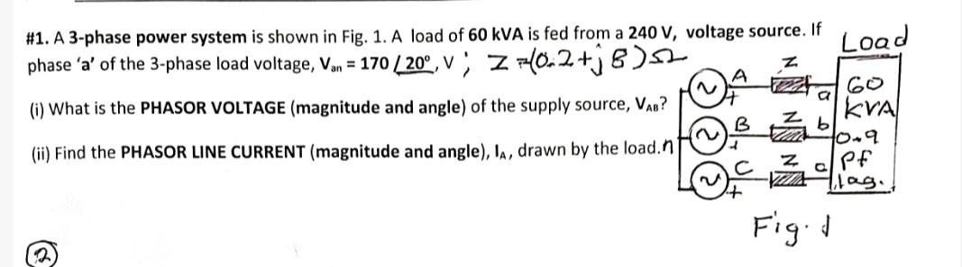 \#1. A 3-phase power system is shown in Fig. 1. A | Chegg.com