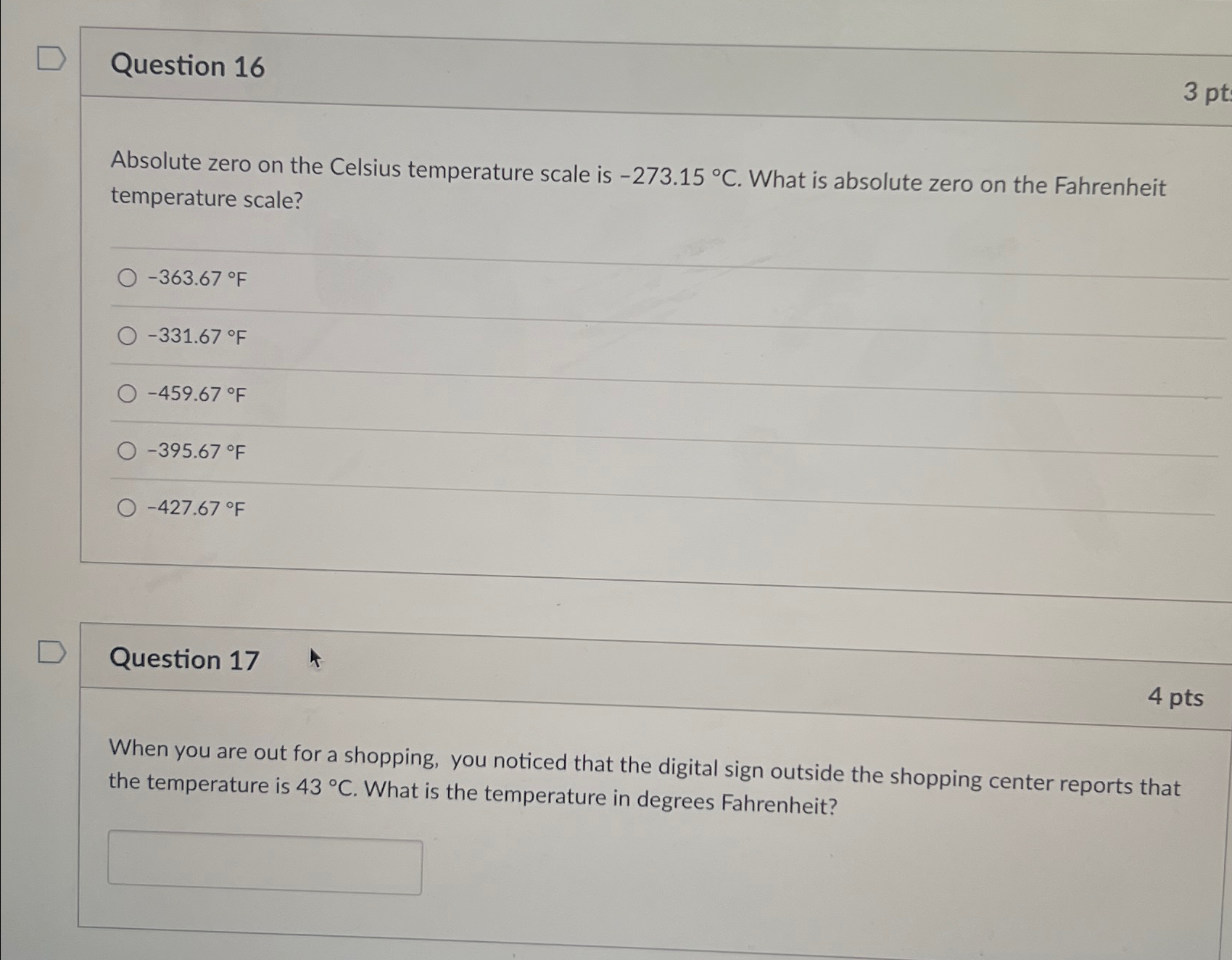 Solved Question 16Absolute zero on the Celsius temperature | Chegg.com