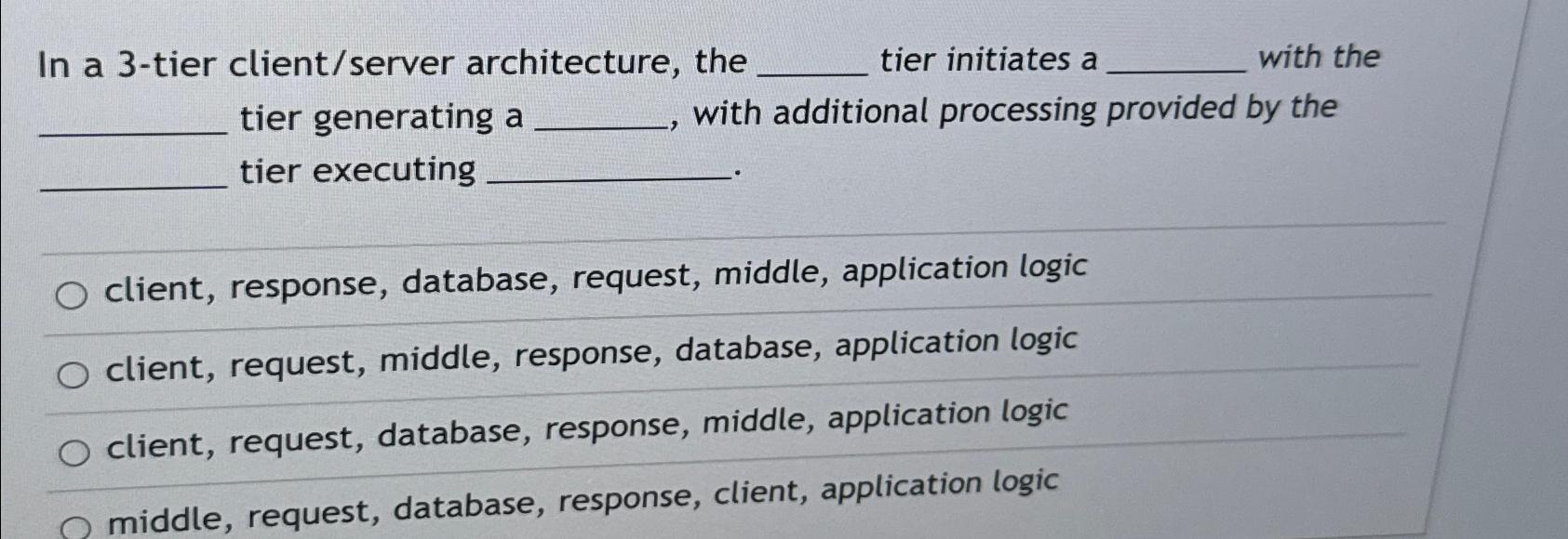 Solved In a 3-tier client/server architecture, the tier | Chegg.com