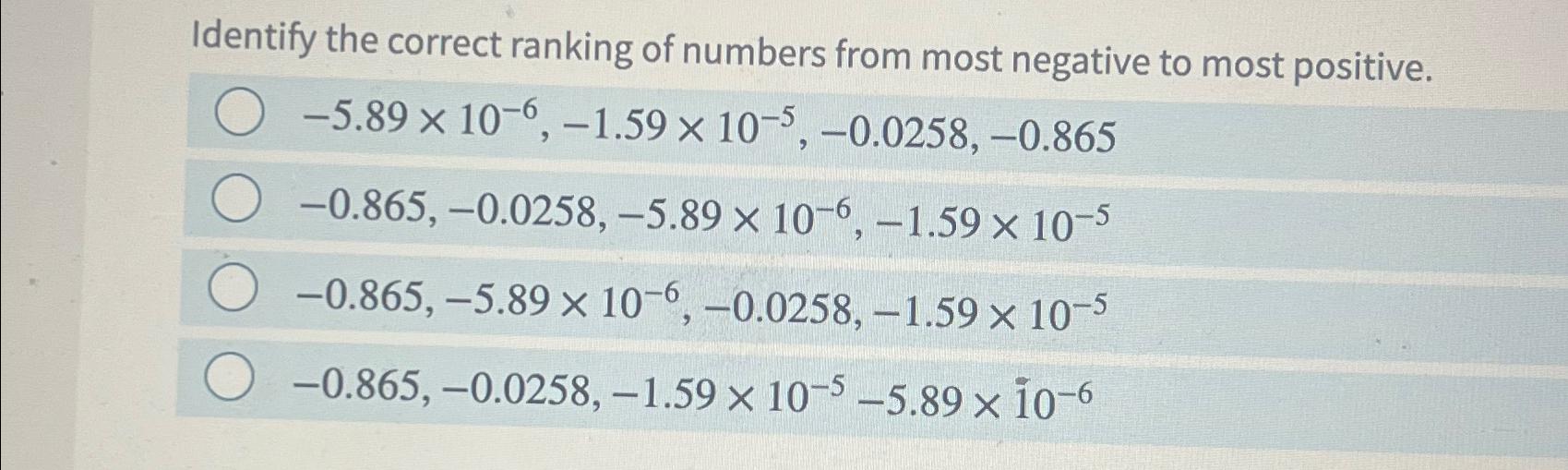 Identify the correct ranking of numbers from most | Chegg.com