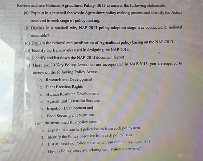 Review and use National Agricultural Policy- 2013 ﻿to | Chegg.com