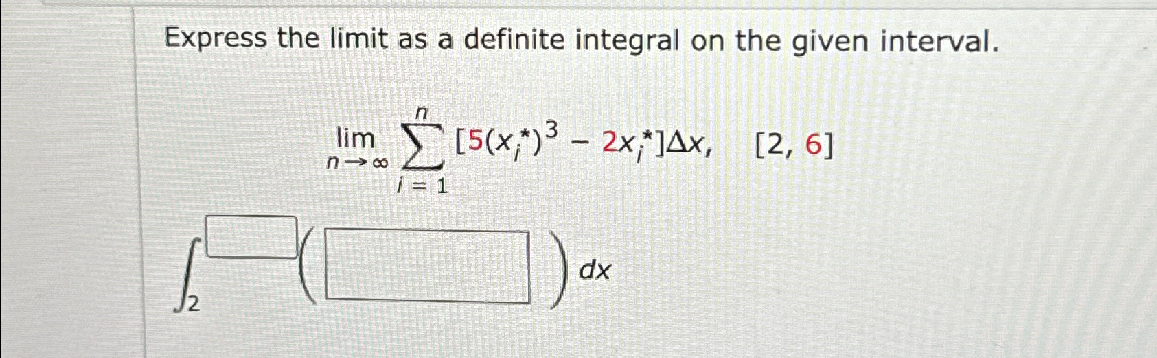 Solved Express the limit as a definite integral on the given | Chegg.com