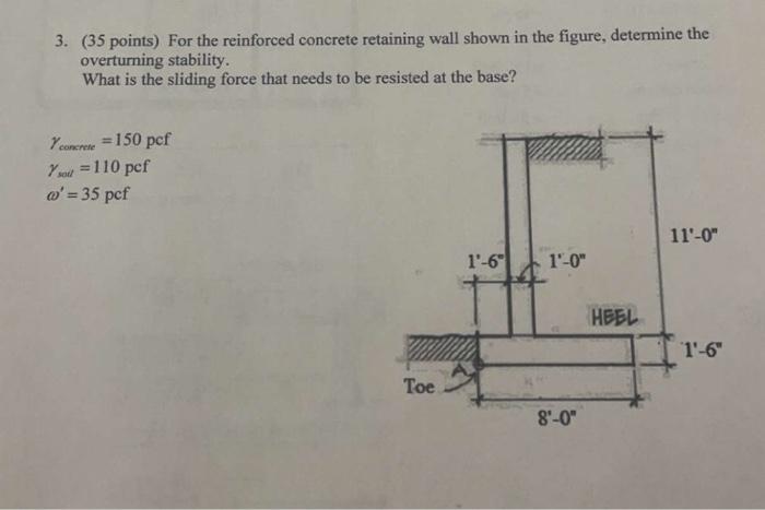Solved 3. (35 points) For the reinforced concrete retaining | Chegg.com