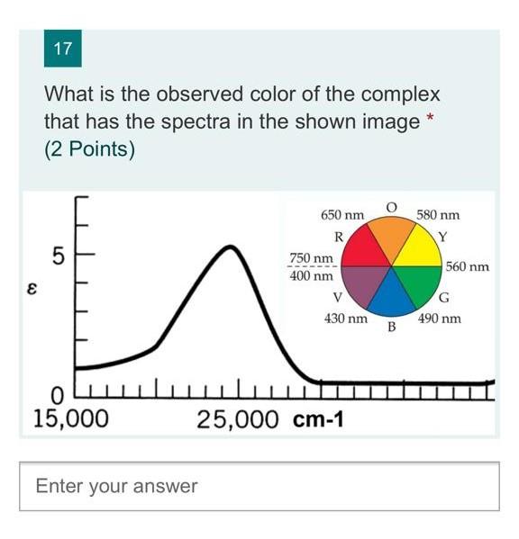 Solved 17 What is the observed color of the complex that has | Chegg.com