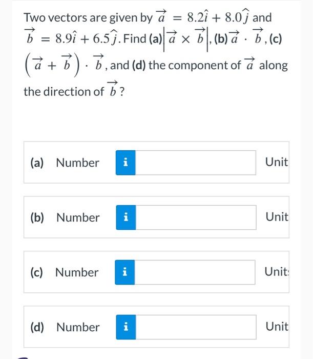 Solved Two vectors are given by a=8.2i^+8.0j^ and | Chegg.com