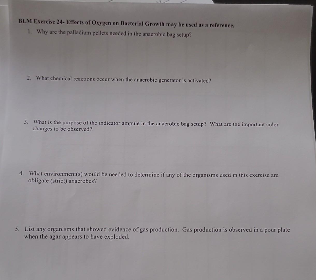 Solved BLM Exercise 24- Effects of Oxygen on Bacterial | Chegg.com