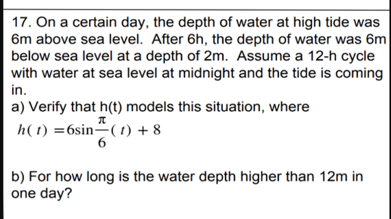 Solved On a certain day, the depth of water at high tide | Chegg.com