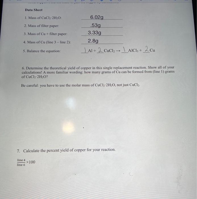 Solved Data Sheet 1. Mass of CuCl2-2H20: 2. Mass of filter | Chegg.com