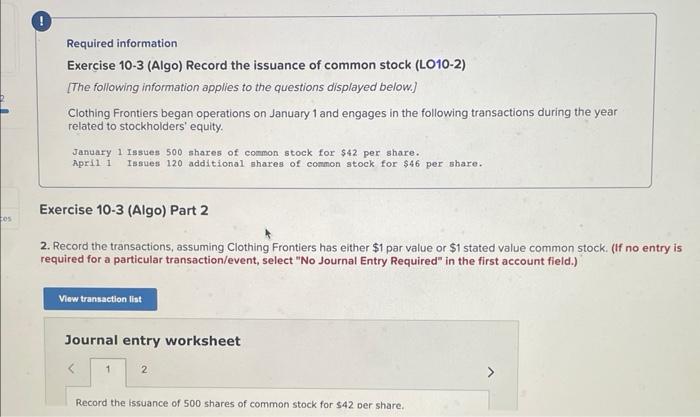 Solved Required information Exercise 10-3 (Algo) Record the | Chegg.com