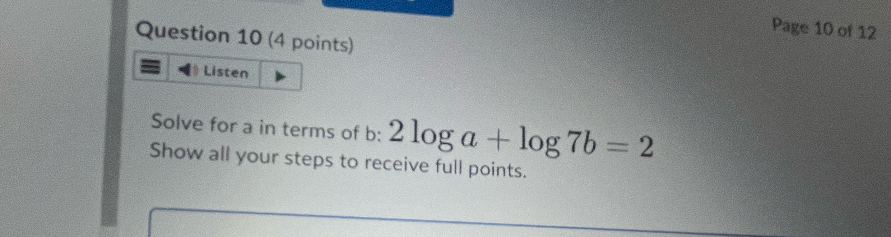 Solved Question 10 (4 ﻿points)Page 10 ﻿of 12Solve for a in | Chegg.com