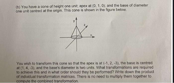 Solved (b) You have a cone of height one unit; apex at | Chegg.com