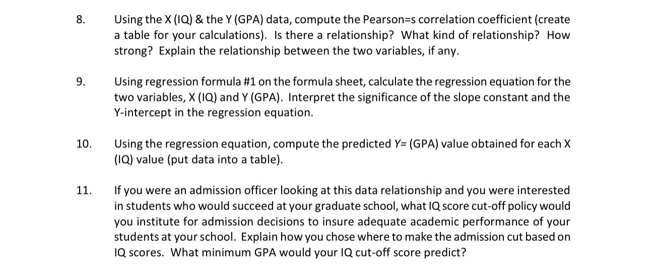 Using the x(IQ) ﻿& the Y(GPA) ﻿data, compute the | Chegg.com