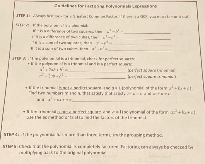 STEP 1: STEP 2: Guidelines for Factoring Polynomials | Chegg.com