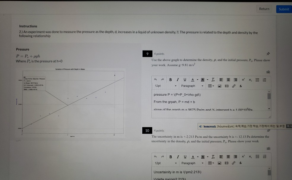 Solved Pressure P= P + pgh Where P. is the pressure at h-0 4 | Chegg.com