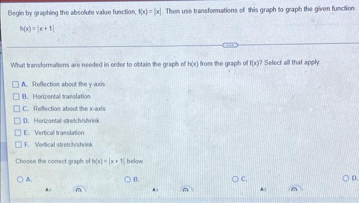 Solved Begin by graphing the absolute value function, f(x)= | Chegg.com