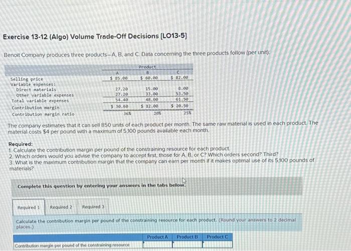 Solved Exercise 13-12 (Algo) Volume Trade-Off Decisions | Chegg.com
