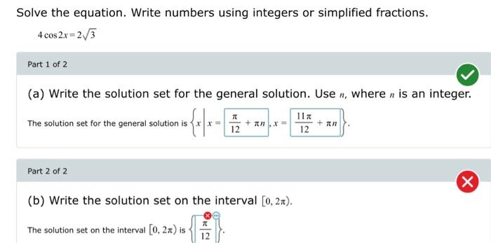 Solved Solve the equation. Write numbers using integers or | Chegg.com