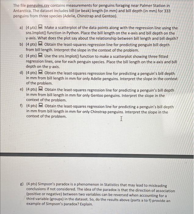 Solved The file penguins.csv contains measurements for | Chegg.com