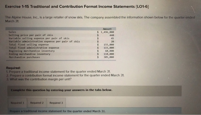Solved Exercise 1-15 Traditional and Contribution Format | Chegg.com