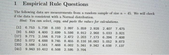 Solved 1 Empirical Rule Questions The following data are | Chegg.com