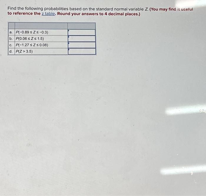 Solved Find the following probabilities based on the | Chegg.com