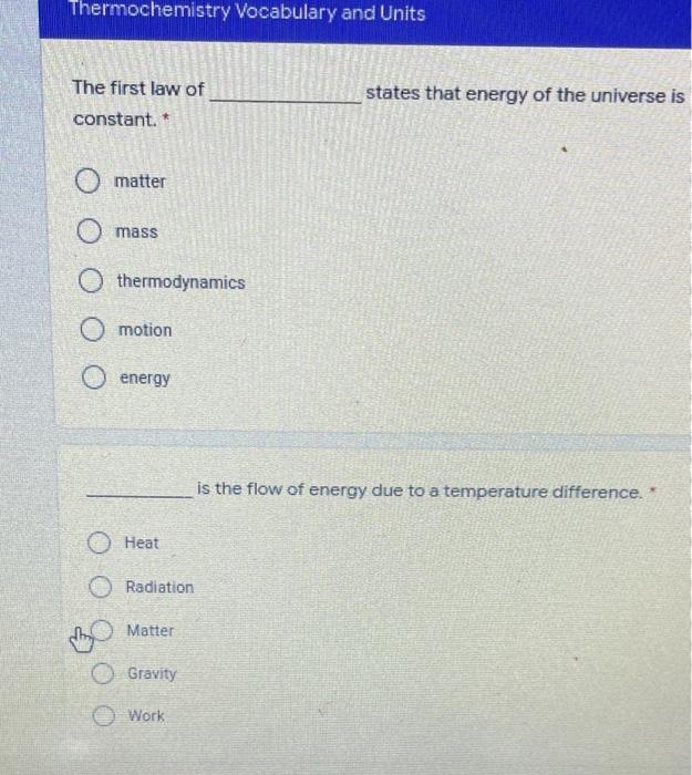 Solved Thermochemistry Vocabulary and Units The first law of | Chegg.com