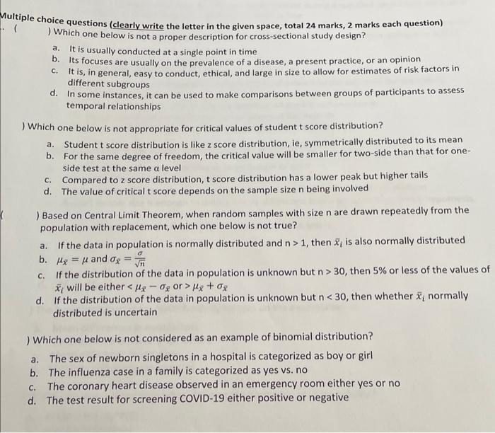 Solved multiple-choice questions clearly write the letter in | Chegg.com