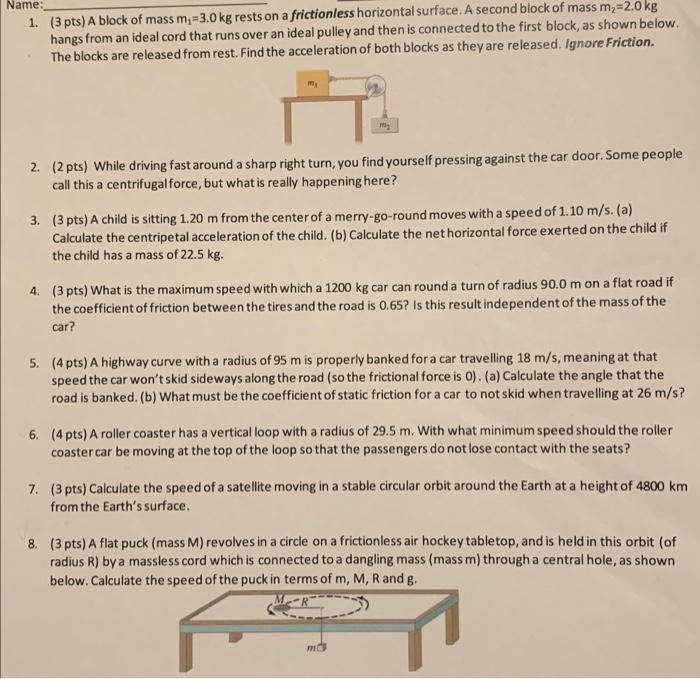 Solved 1. (3 pts) A block of mass m1=3.0 kg rests on a | Chegg.com