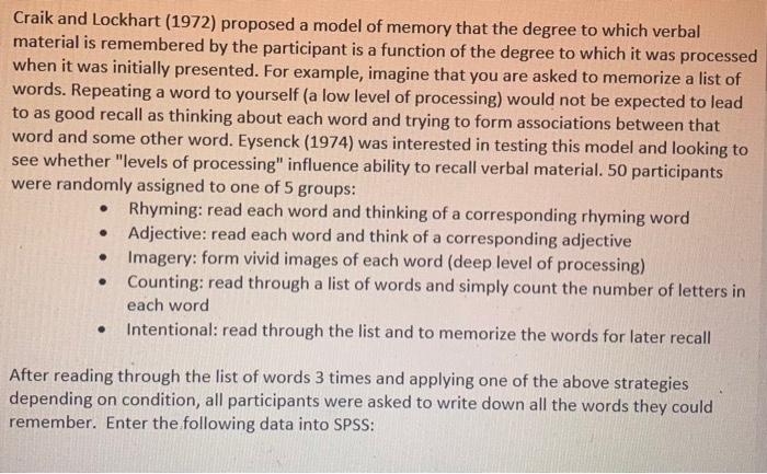 Solved Craik and Lockhart (1972) proposed a model of memory | Chegg.com