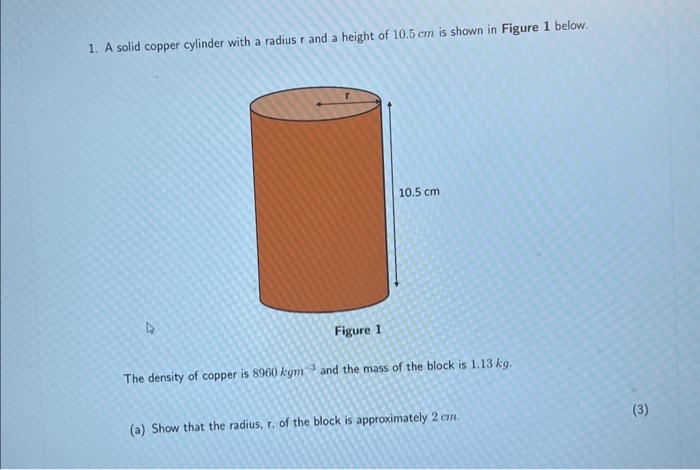 Solved 1. A solid copper cylinder with a radius r and a | Chegg.com