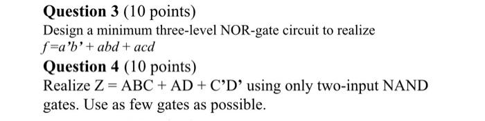 Solved Question 3 (10 points) Design a minimum three-level | Chegg.com
