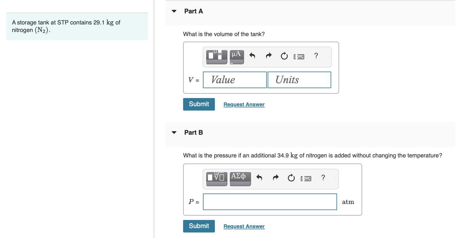 Solved Part AA storage tank at STP contains 29.1kg | Chegg.com