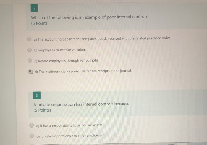 Which of the following is an example of poor internal | Chegg.com