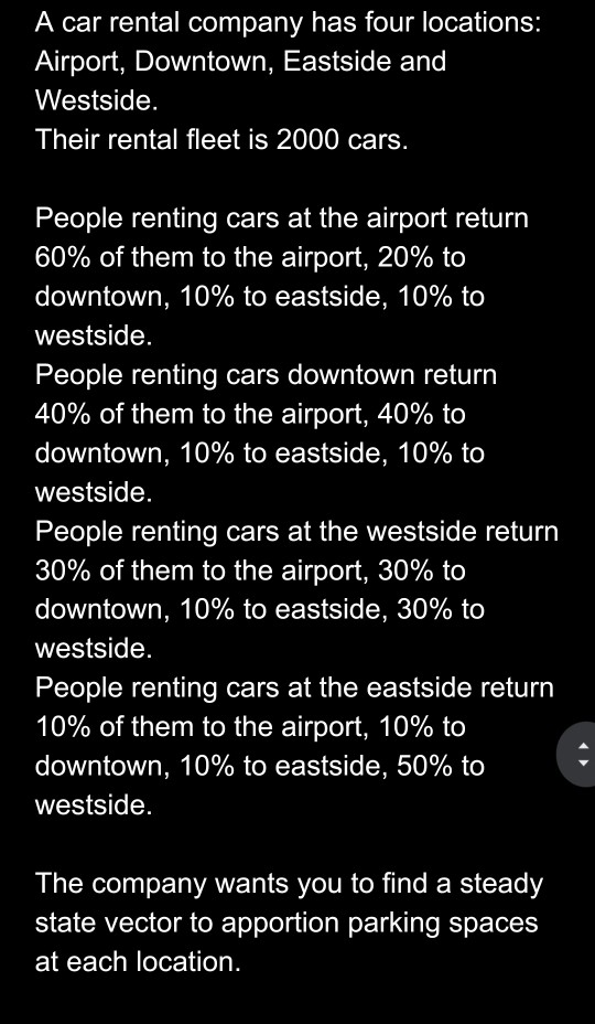Solved A car rental company has four locations: Airport, | Chegg.com