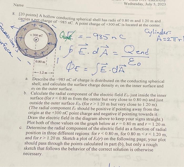 Solved [20 points] A hollow conducting spherical shell has | Chegg.com