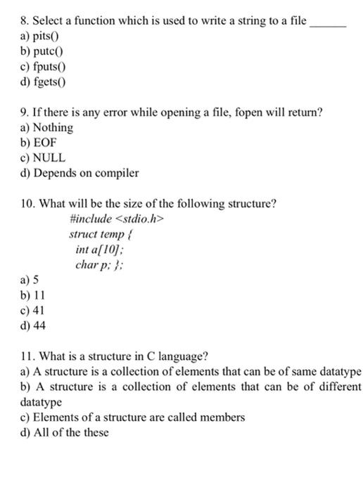 Solved 8 Select A Function Which Is Used To Write A String 5457