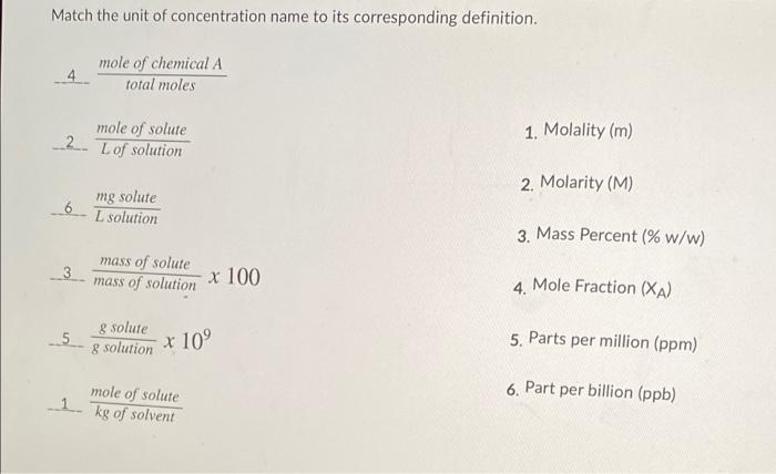 Solved Match the unit of concentration name to its | Chegg.com