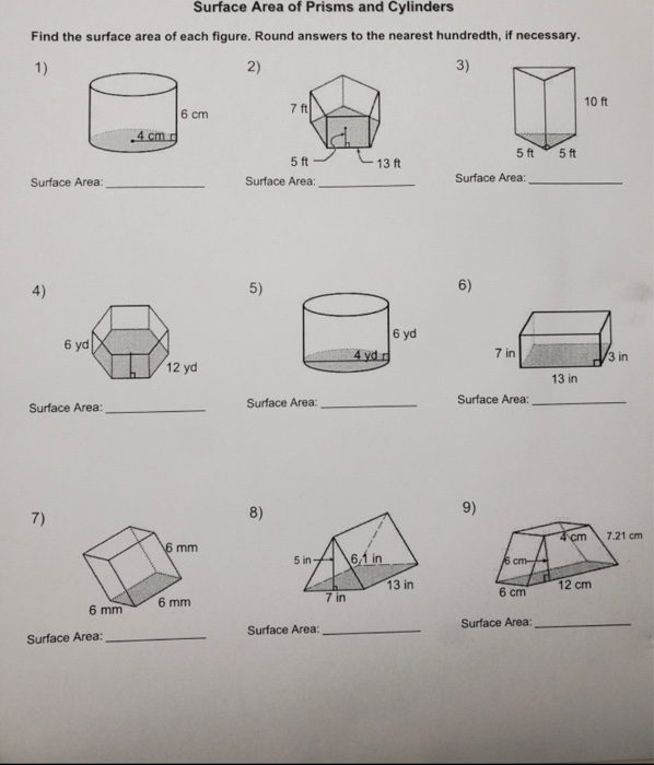Solved Surface Area of Prisms and Cylinders Find the surface | Chegg.com