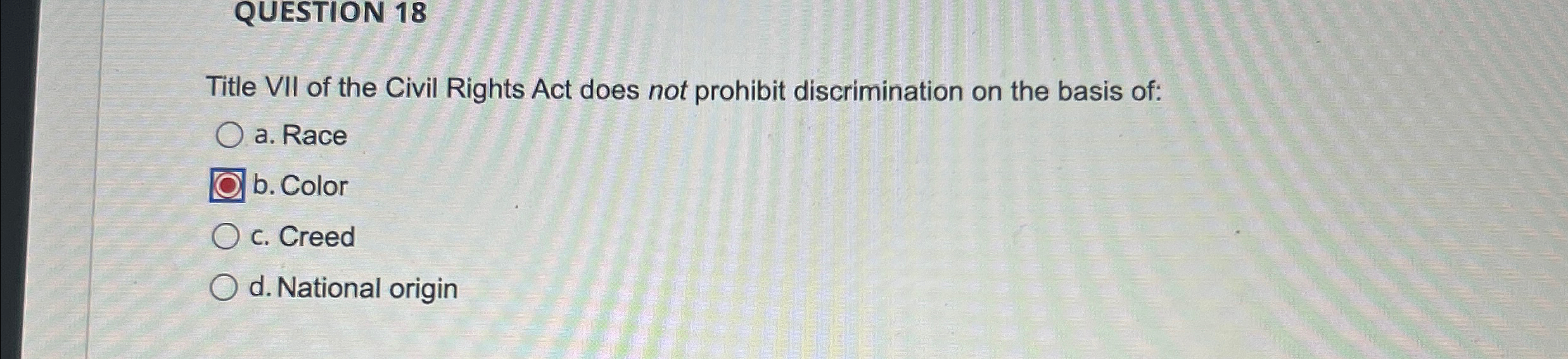 Solved Title VII of the Civil Rights Act does not prohibit | Chegg.com