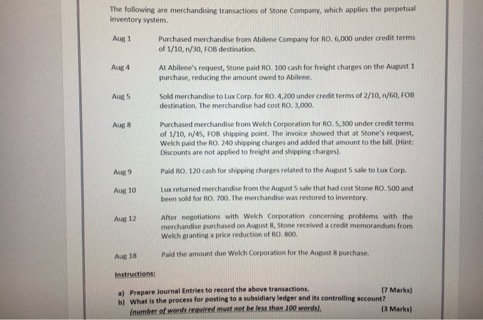 Solved The following are merchandising transactions of Stone | Chegg.com