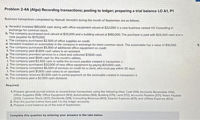 Solved Problem 2-4A (Algo) Recording transactions; posting | Chegg.com