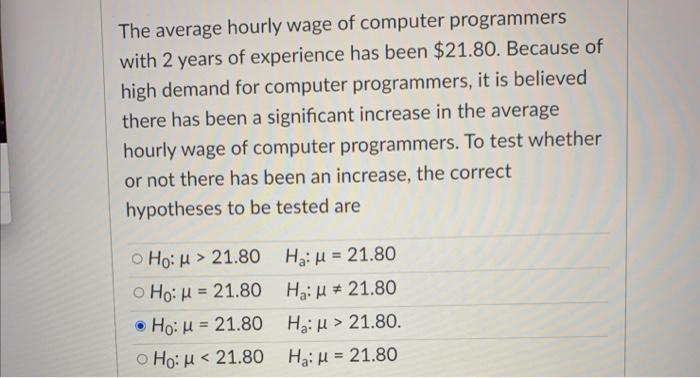 Solved The average hourly wage of computer programmers with | Chegg.com