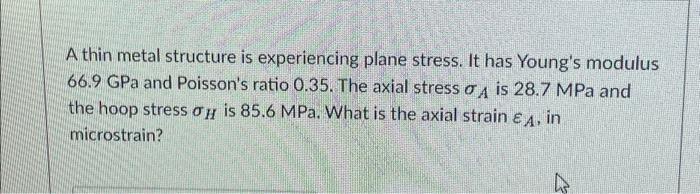 Solved A thin metal structure is experiencing plane stress. | Chegg.com
