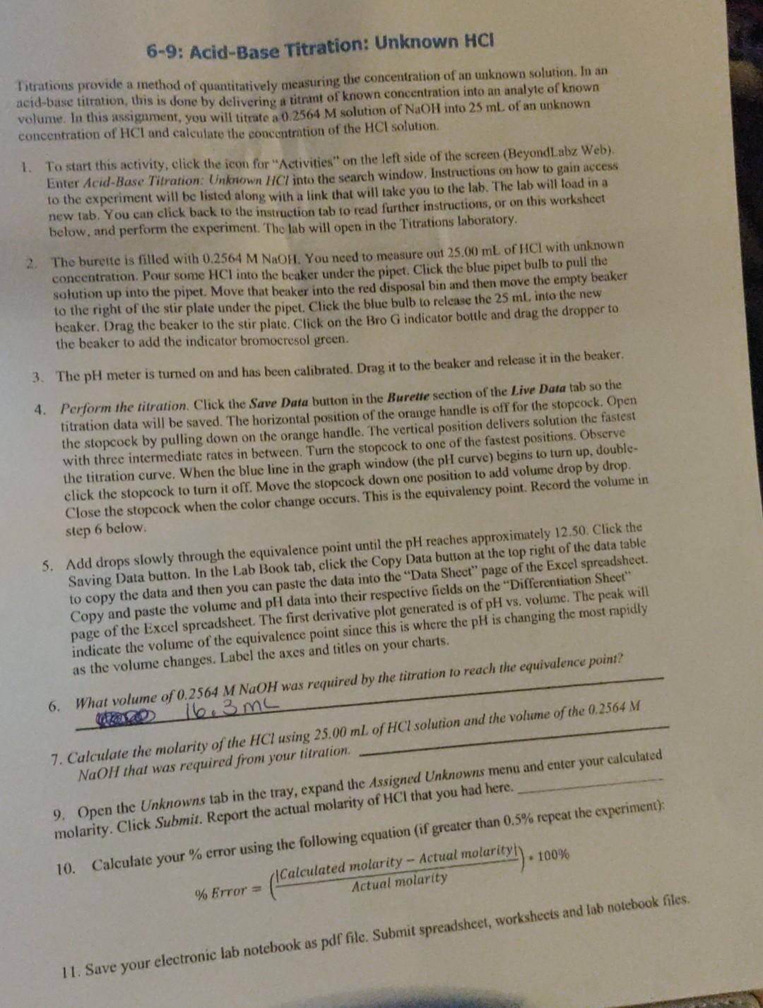Solved 6-9: Acid-Base Titration: Unknown HCI Titrations | Chegg.com