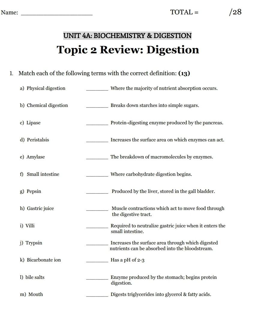 Solved Name: TOTAL = /28 UNIT 4A: BIOCHEMISTRY & DIGESTION | Chegg.com