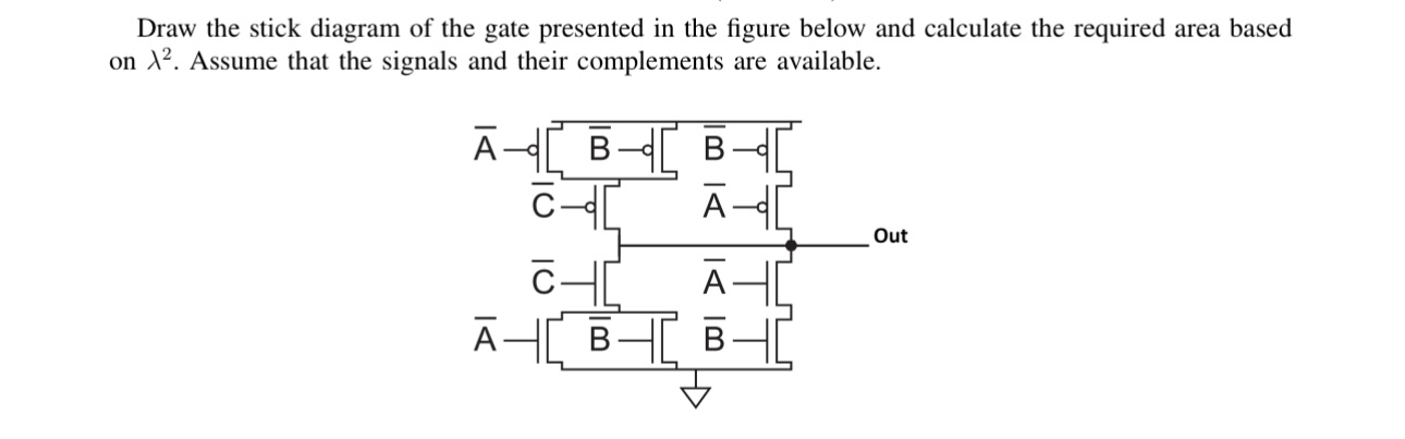 Solved Draw the stick diagram of the gate presented in the | Chegg.com