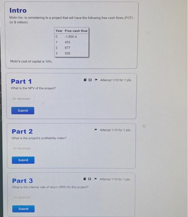 Solved Intro Molin Inc. is considering to a project that | Chegg.com Solved Intro Molin Inc. is considering to a project that | Chegg.com